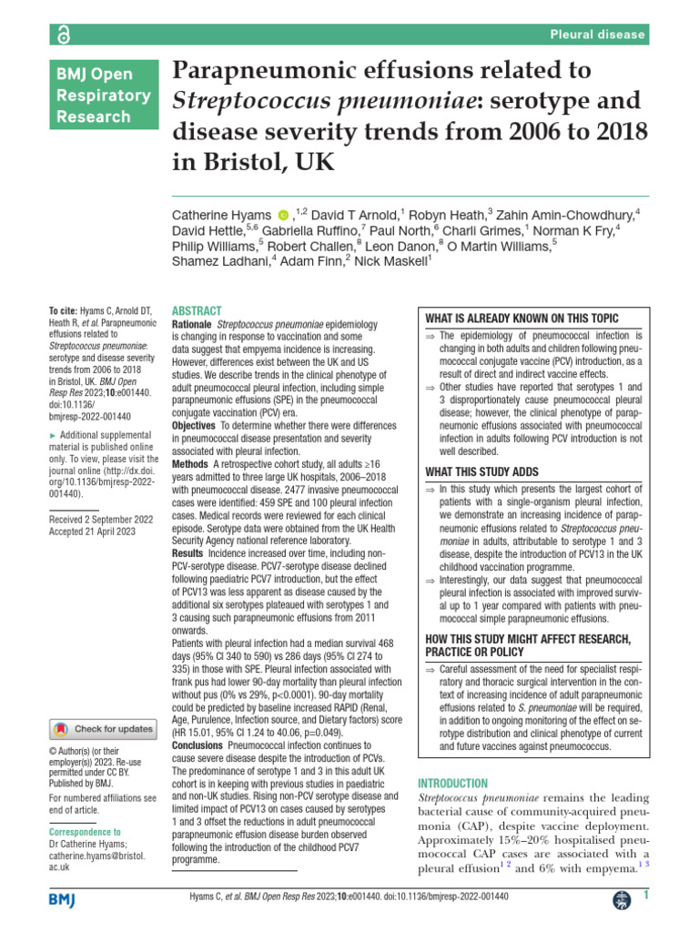 Parapneumonic Effusions Related To Streptococcus Pneumoniae Serotype ...