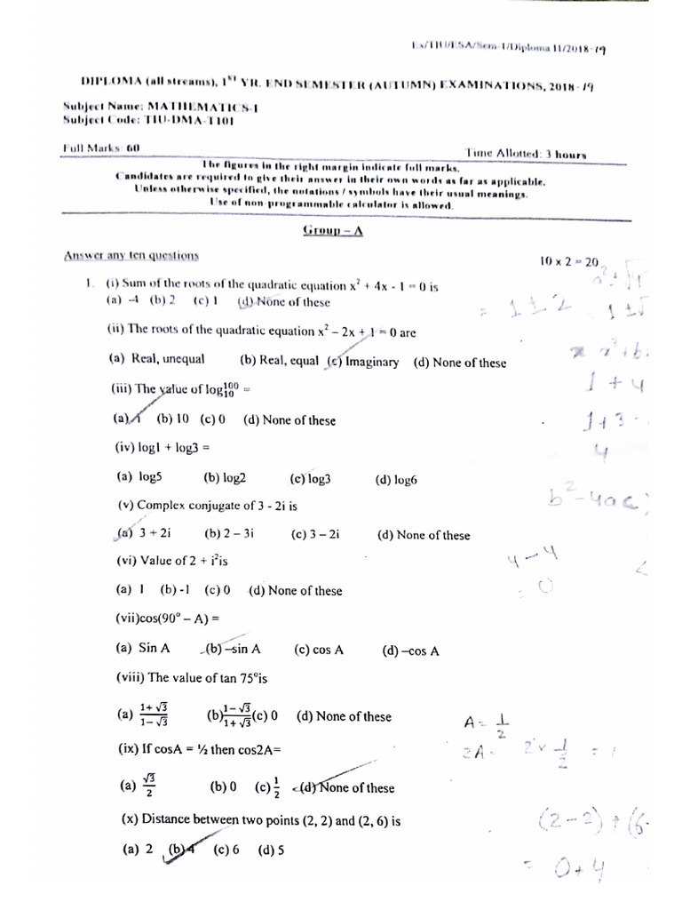 Diploma Maths 1st Year 1st Sem Question 2018-19 | PDF
