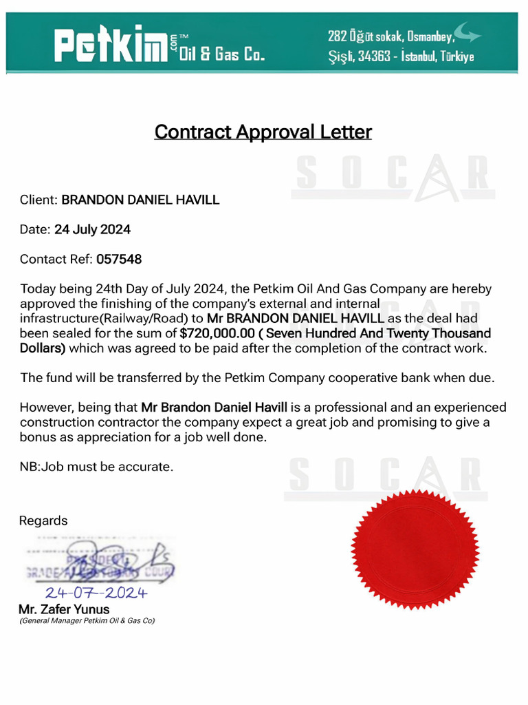 Contract Approval Letter Rf057548 | PDF