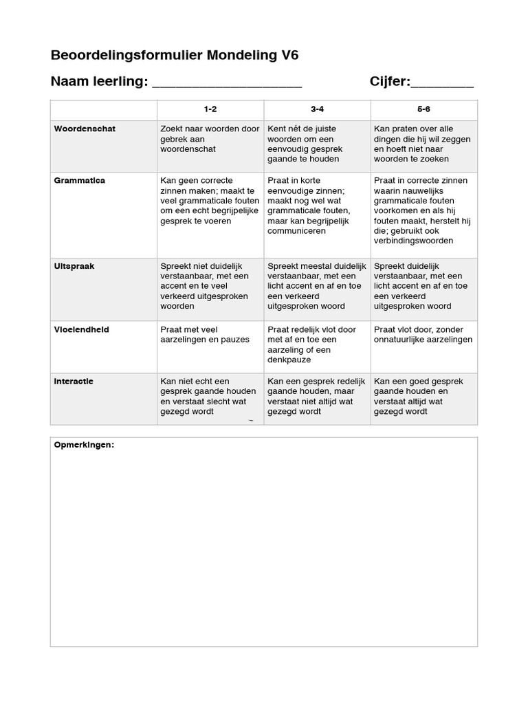 Beoordelingsformulier Mondeling | PDF