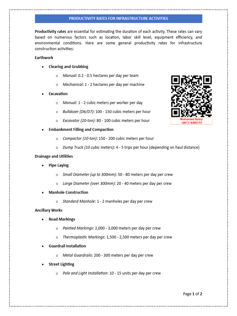 Productivity Rates For Infrastructure Activities | PDF