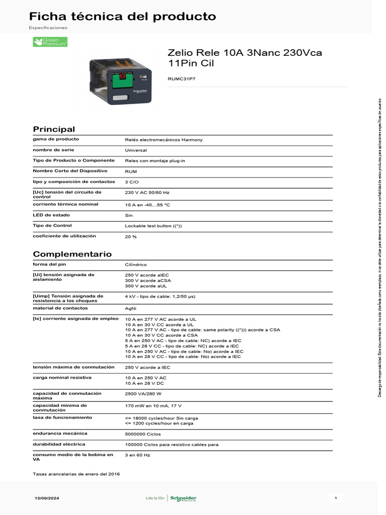 FT - Zelio Rele 10A 3NANC 230VCA 11PIN CIL Schneider RUMC31P7 | PDF
