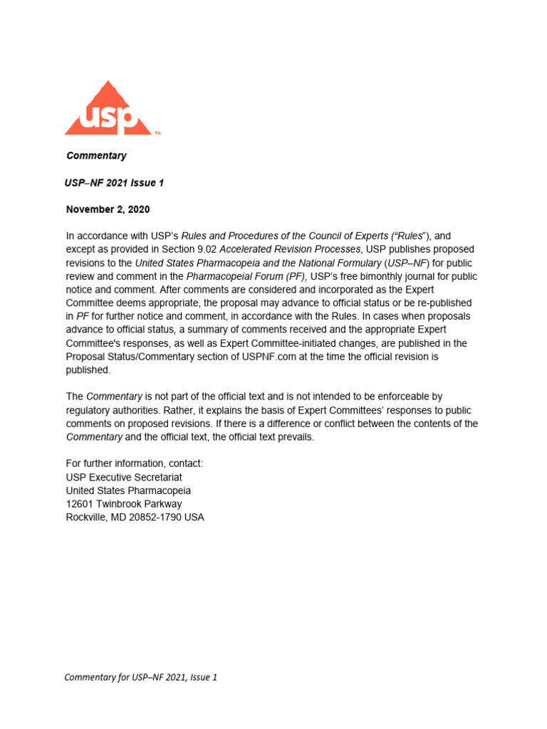 Usp NF 2021 Issue 1 Commentary | PDF
