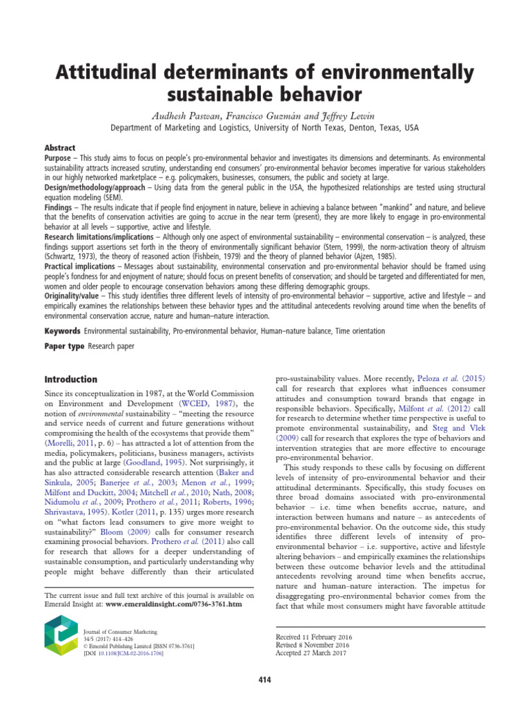 Attitudinal Determinants of Environmentally Sustainable Behavior | PDF