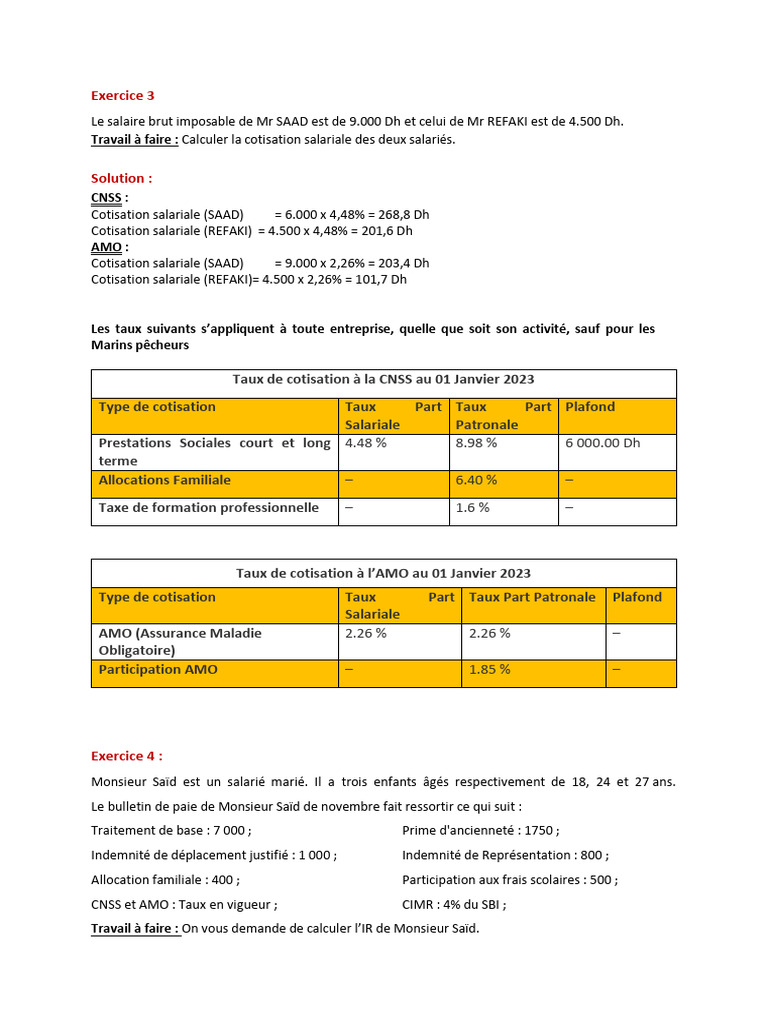 Exercices Corrigées PAIE | PDF