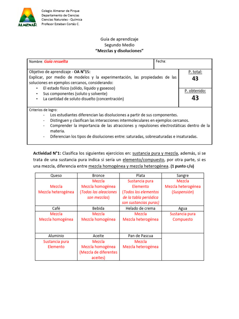 Guía N°1 - Abril - 2°medio 2024 - Mezclas y Disoluciones | PDF
