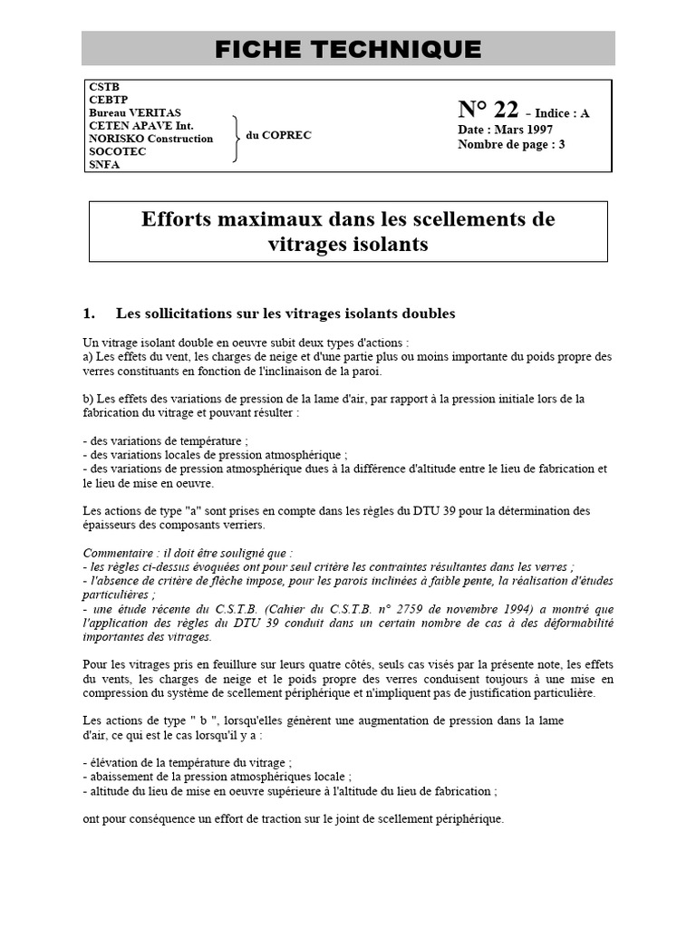 Fiche Technique 22 Efforts Maximaux Dans Scellements Vitrages Isolants ...