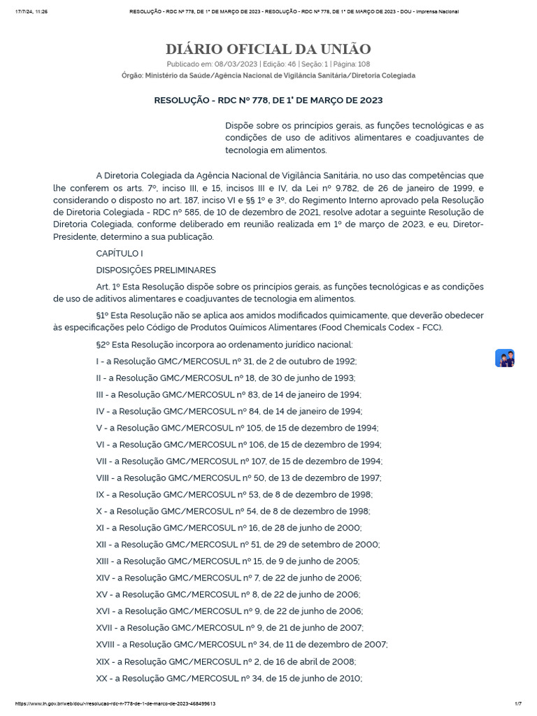 RESOLUÇÃO - RDC #778, 2023 Aditivos y Coadyuvantes en Alimentos | PDF