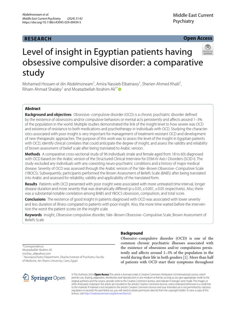 Level of Insight in Egyptian Patients Having Obsessive Compulsive ...