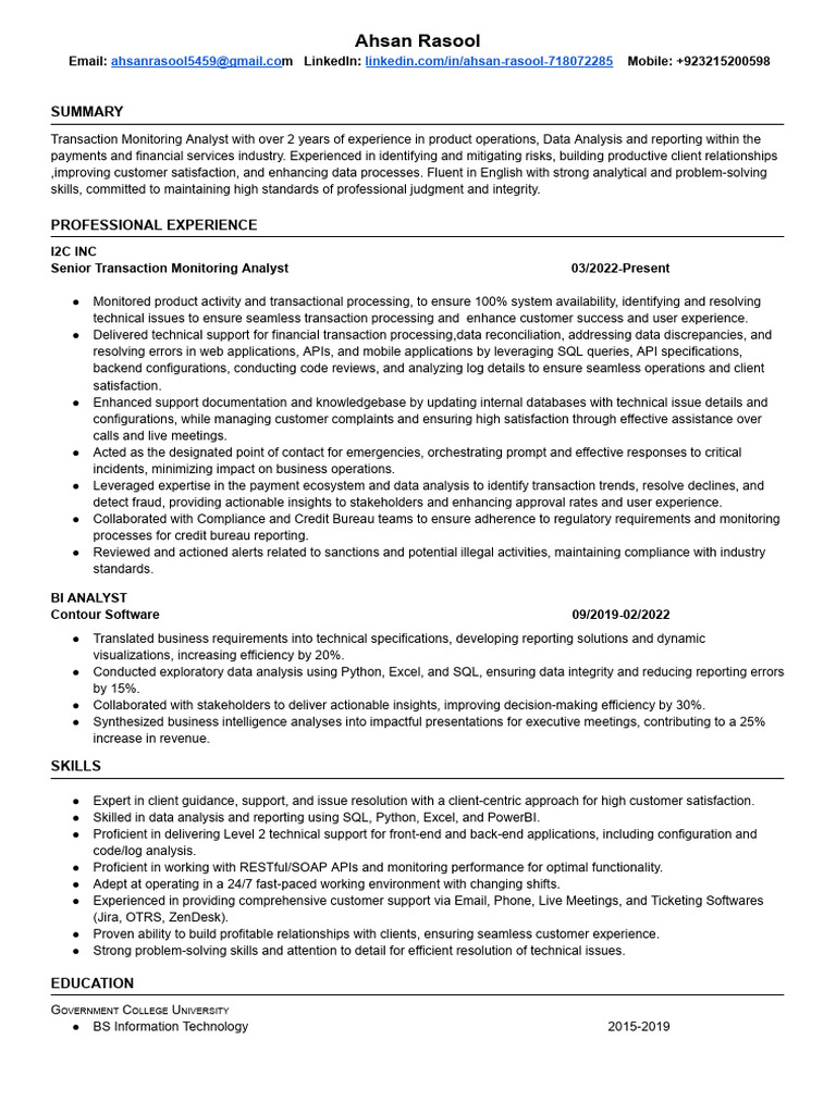 Ahsan Rasool Resume-1 | PDF | Database Transaction | Business