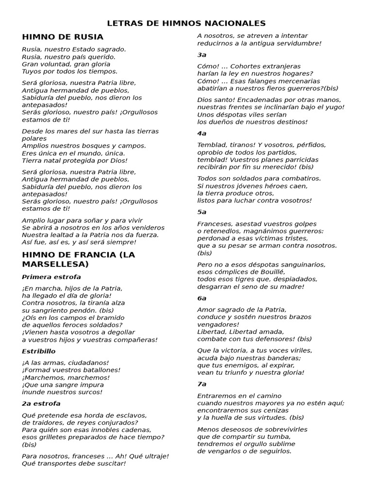 Letras de Himnos Nacionales | PDF