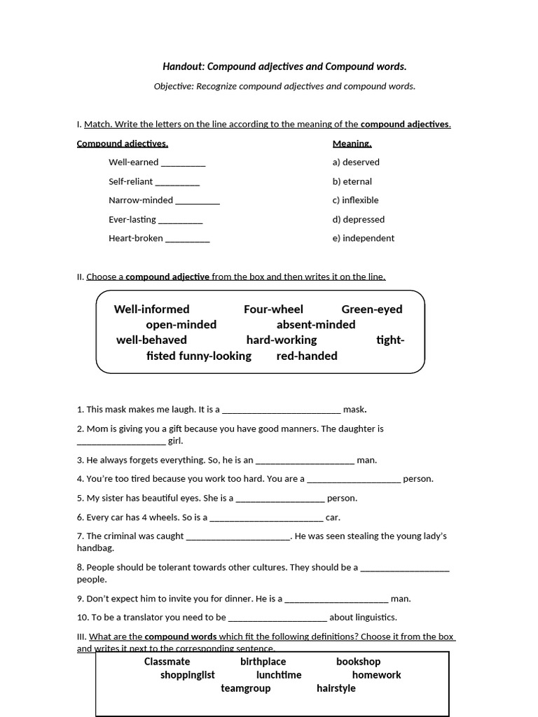 Compound Words and Adjectives Review Grammar Drills Grammar Guides ...