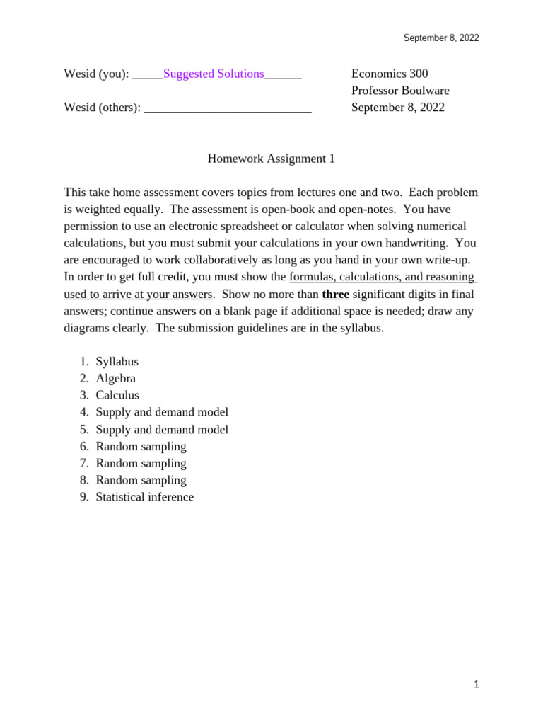 ECON300F2022 - HW1 - Introduction and Overview - Suggeted Solutions - v1 | PDF