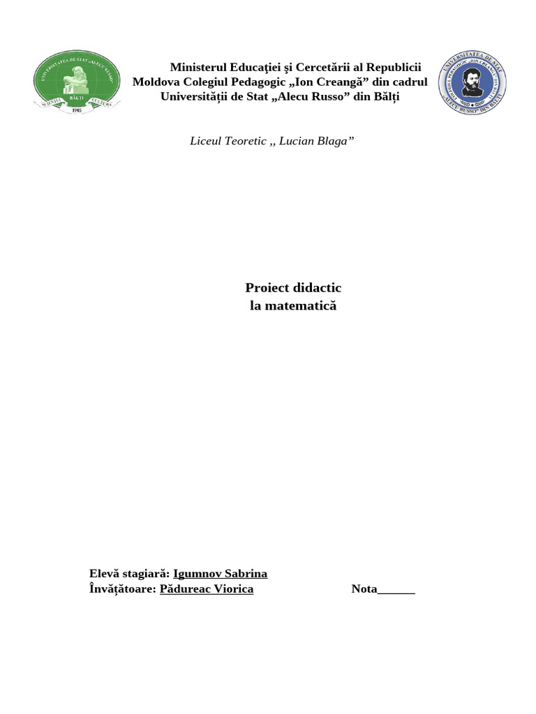Proiect Didactic La Matematică 1 | PDF