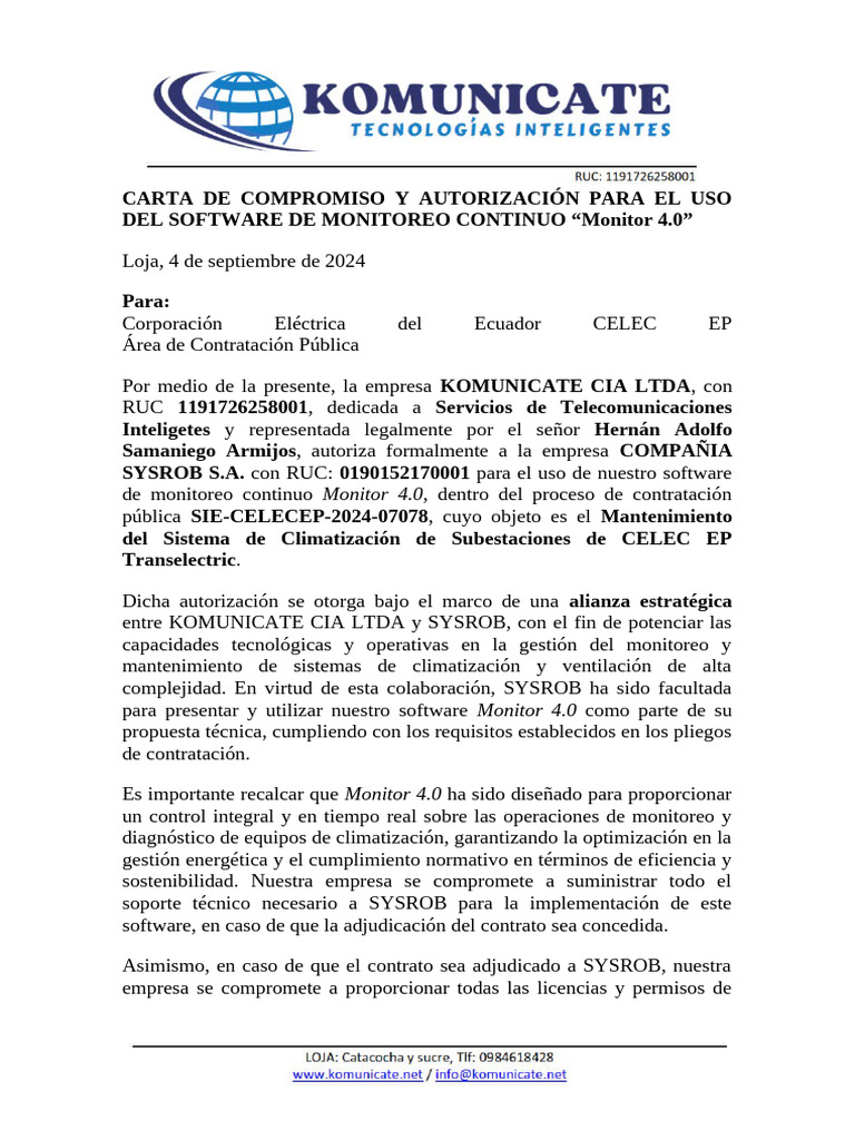 CARTA DE COMPROMISO Y AUTORIZACIÓN PARA EL USO DEL SOFTWARE DE ...