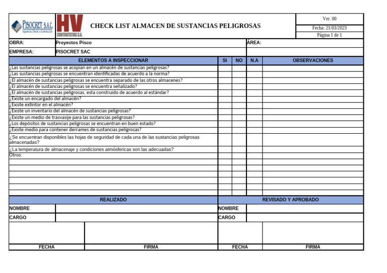 Check List de Almacén de Productos Químicos | PDF