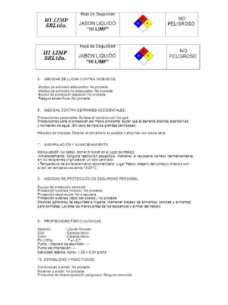 Hojas Msds - JABON HI LIMP | PDF