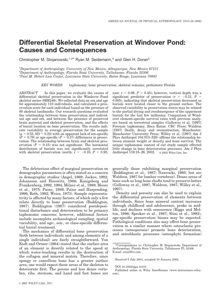 Differential Skeletal Preservation at Windover Pond Causes and ...