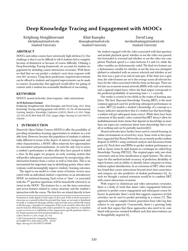 Deep Knowledge Tracing and Engagement With MOOCs | PDF | Massive Open Online Course | Computers