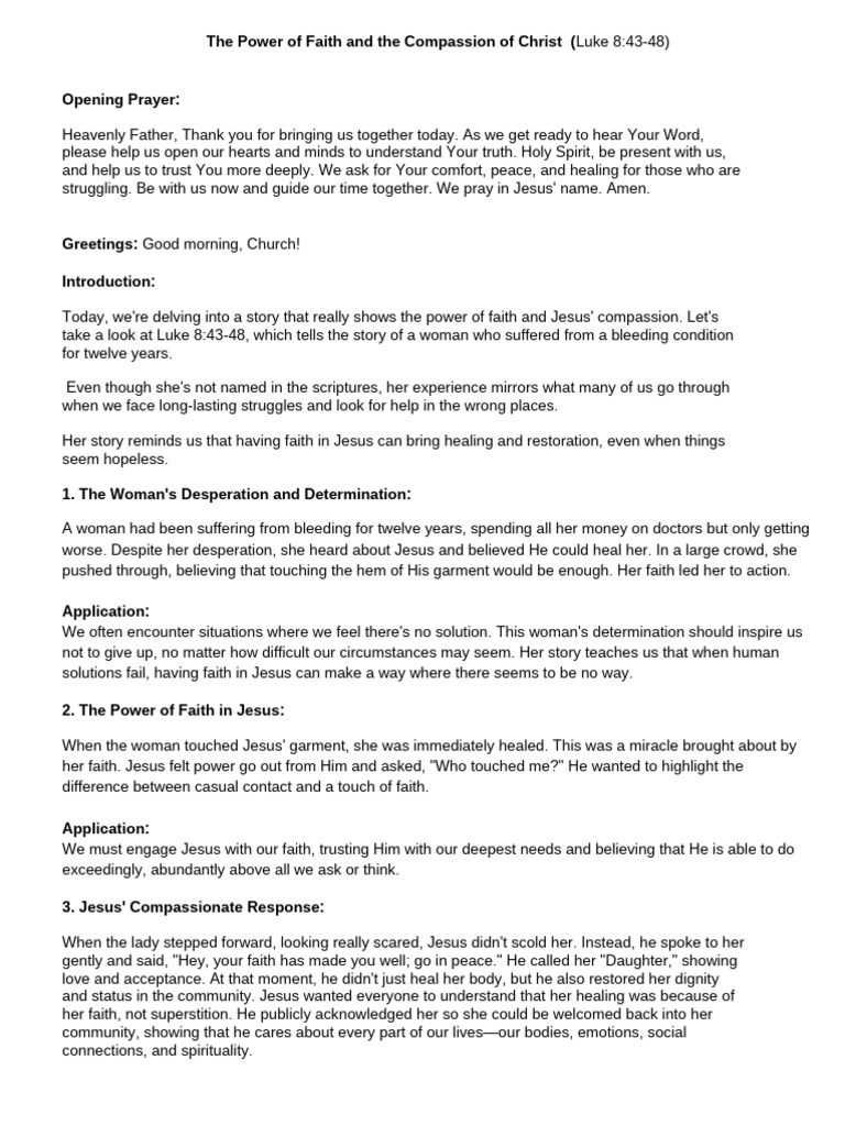 The Power of Faith and The Compassion of Christ (Luke 8 - 43-48) | PDF