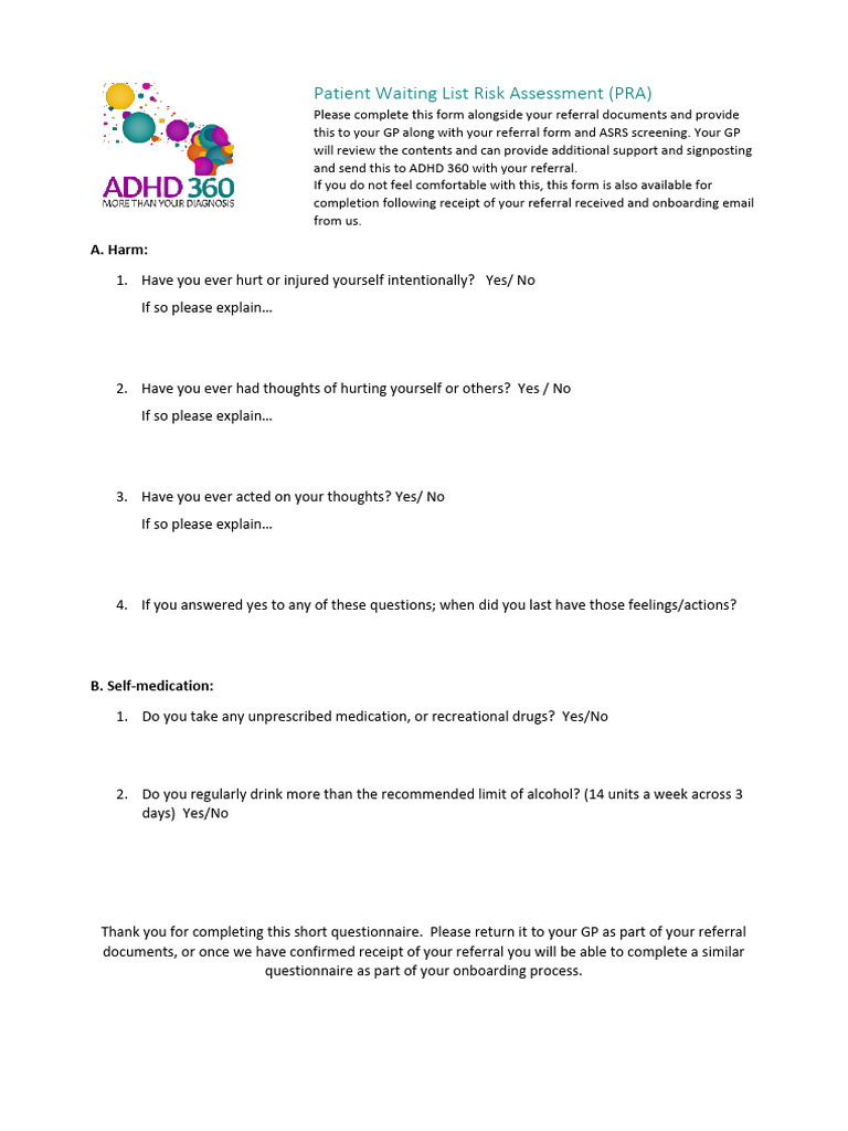ADHD 360 Referral Risk Assessment Form | PDF
