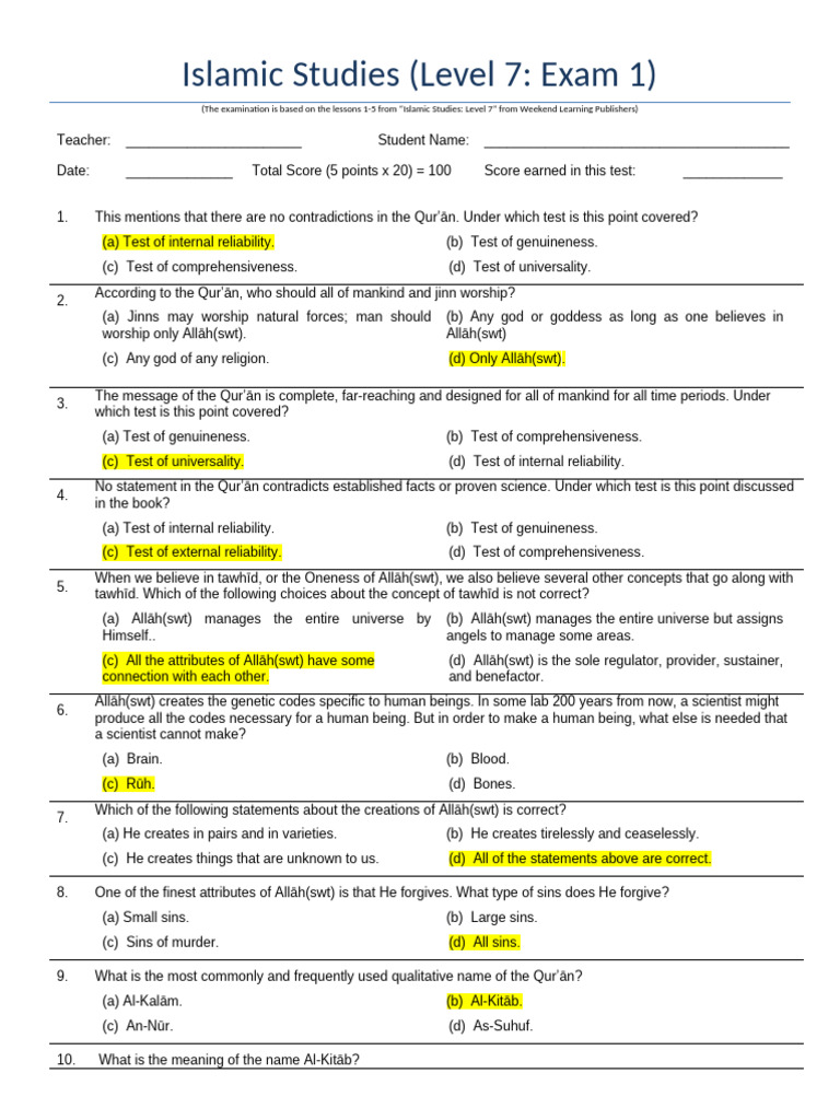 Level 7 Exam 1 Answers (Updated) | PDF
