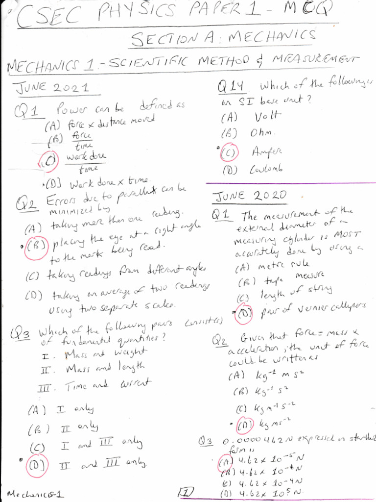 CXC CSEC PHYSICS Paper 1 With Answers Section A CH 1 Handwritten | PDF