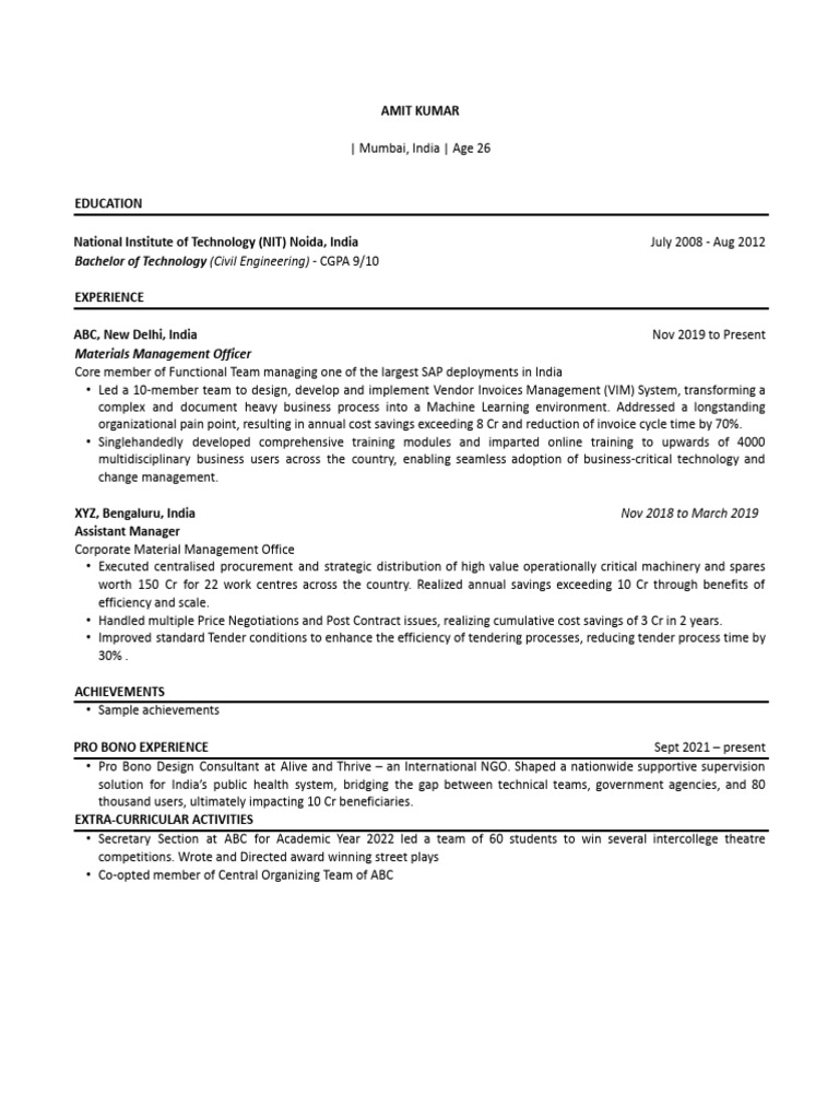 ISB Sample Resume Format Template | PDF