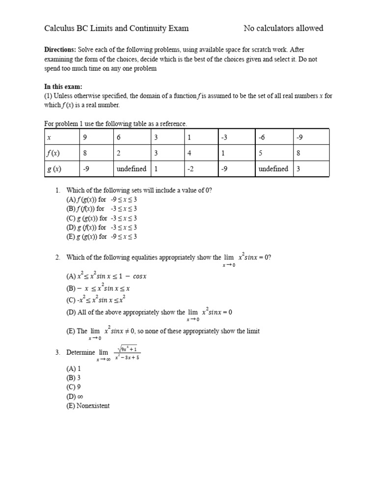 Calc Bc Limits And Continuity Exam Unit 1 Pdf Asymptote Teaching Methods And Materials