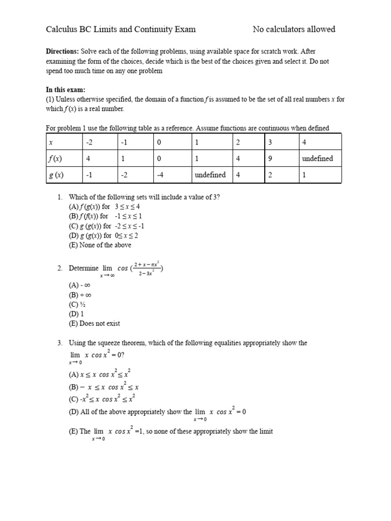 V2 Calc BC Limits and Continuity Exam (Unit 1) | PDF | Continuous Function | Function (Mathematics)