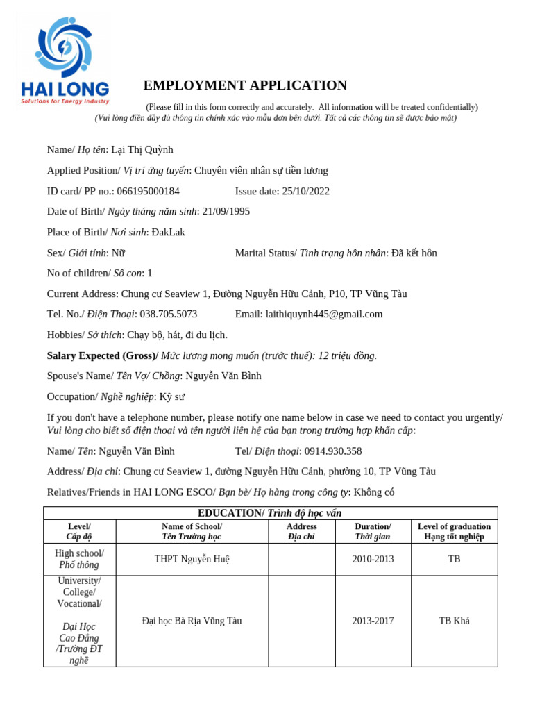 HLE - Employment Application Form | PDF