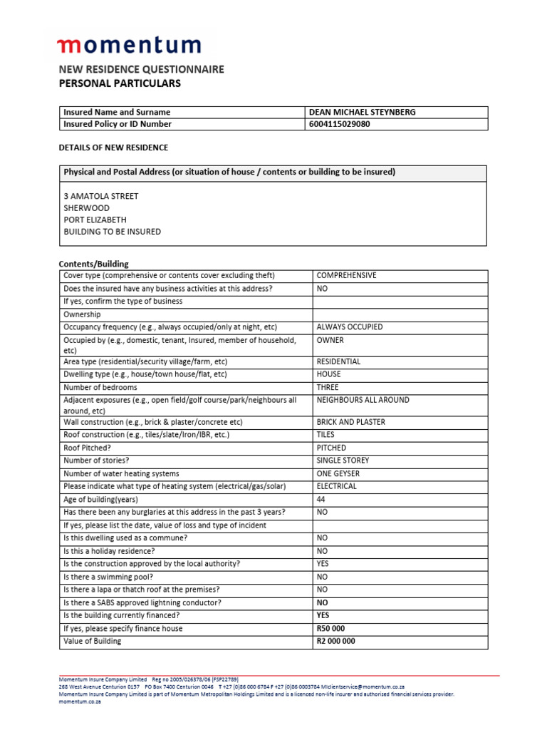 New Residence Security Questionnaire (Premia) 2 | PDF
