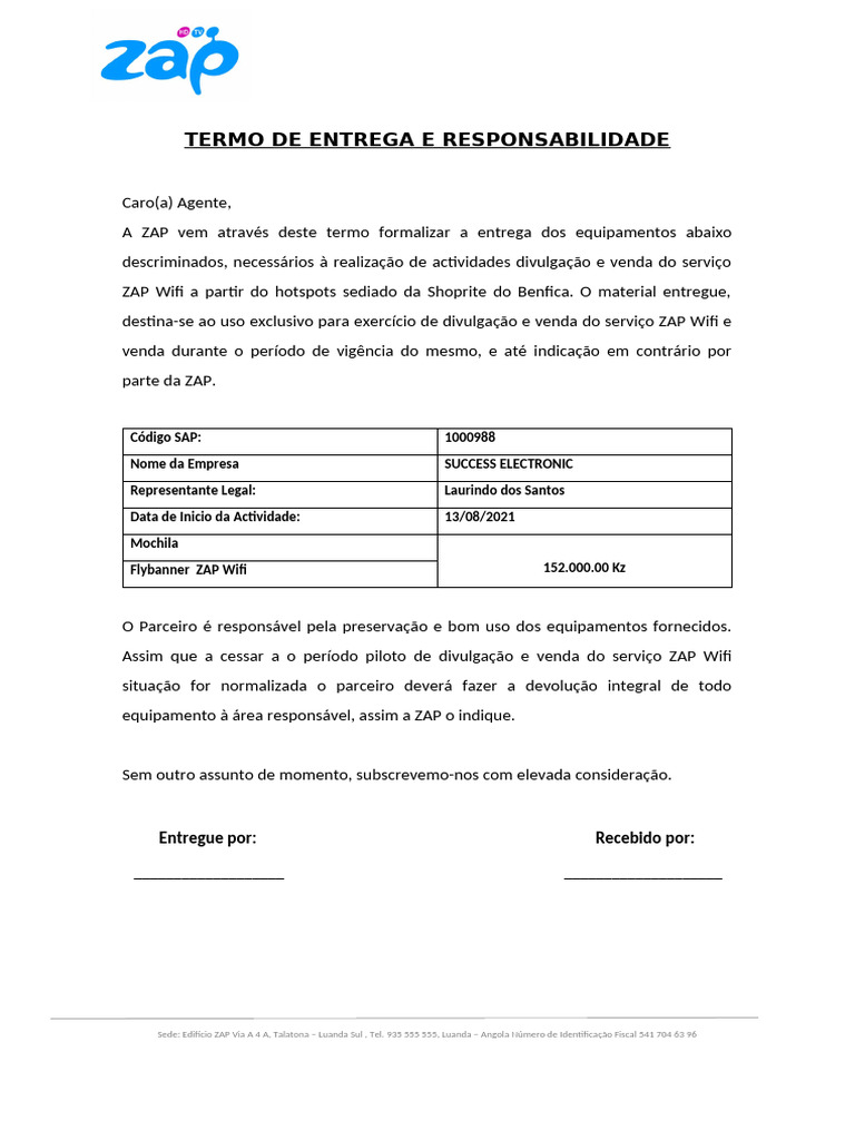 Termo de Entrega e Responsabilidade | PDF | Negocios