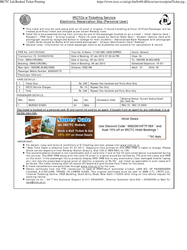 Irctcs E-Ticketing Service Electronic Reservation Slip (Personal User ...