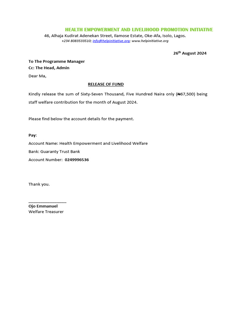 Welfare Monthly Contribution Request Letter | PDF