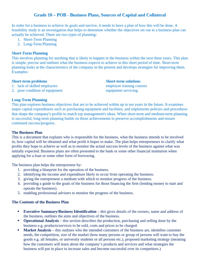 POB - Lesson 8 - Business Plans, Sources of Capital and Collateral ...
