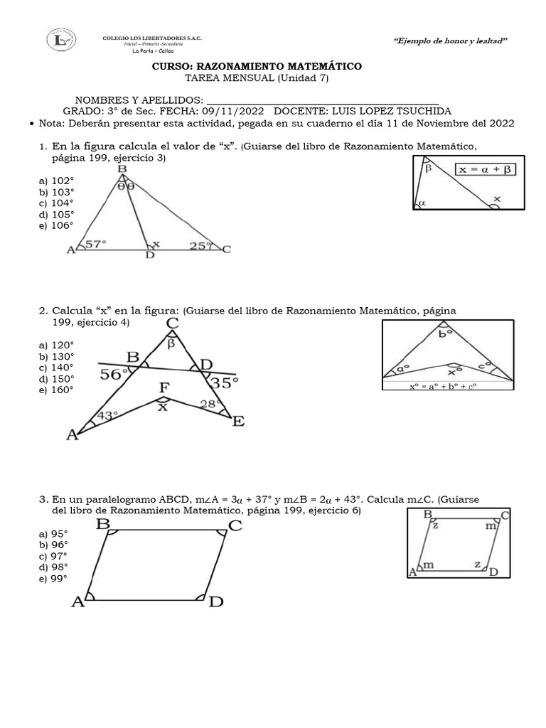 Tarea Mensual de Razonamiento Mate (Unidad 7) 3ro de Sec | PDF