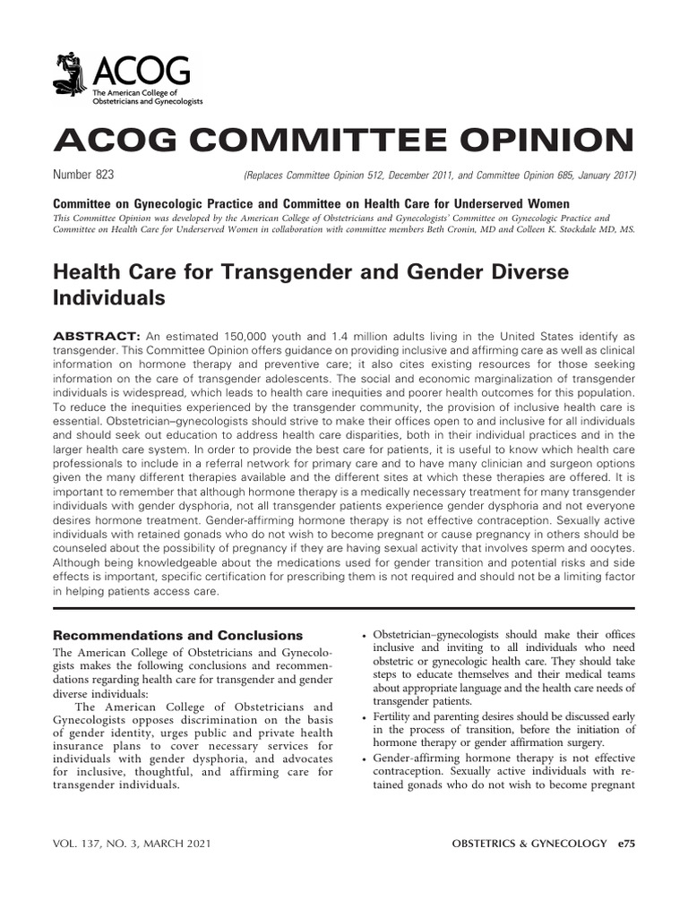 Health Care For Transgender and Gender Diverse Individuals | PDF