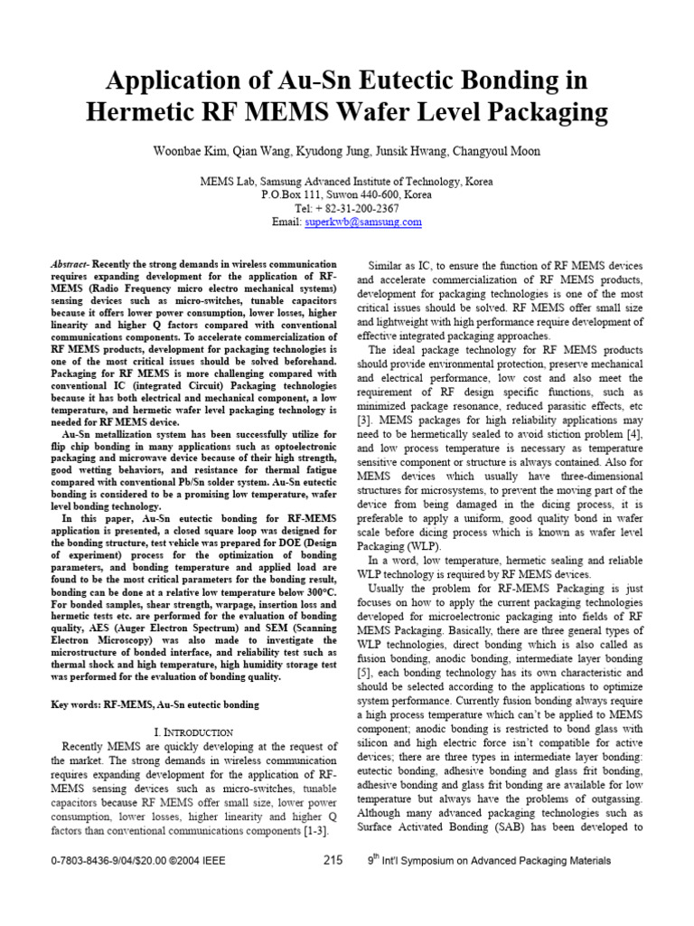 Application of Au-Sn Eutectic Bonding in Hermetic RF MEMS Wafer Level ...