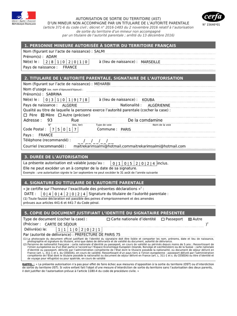 Autorisation de Sortie Du Territoire (Ast) D'Un Mineur Non Accompagné ...