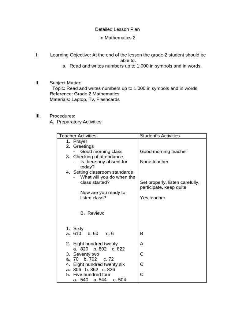 Grade 2 Math: Numbers to 1000 Lesson Plan | PDF | Teachers | Learning
