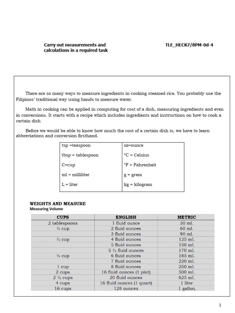 SLHT-TLE Cookery 7-Q2-Week 4 | PDF | Teaspoon | Wellness