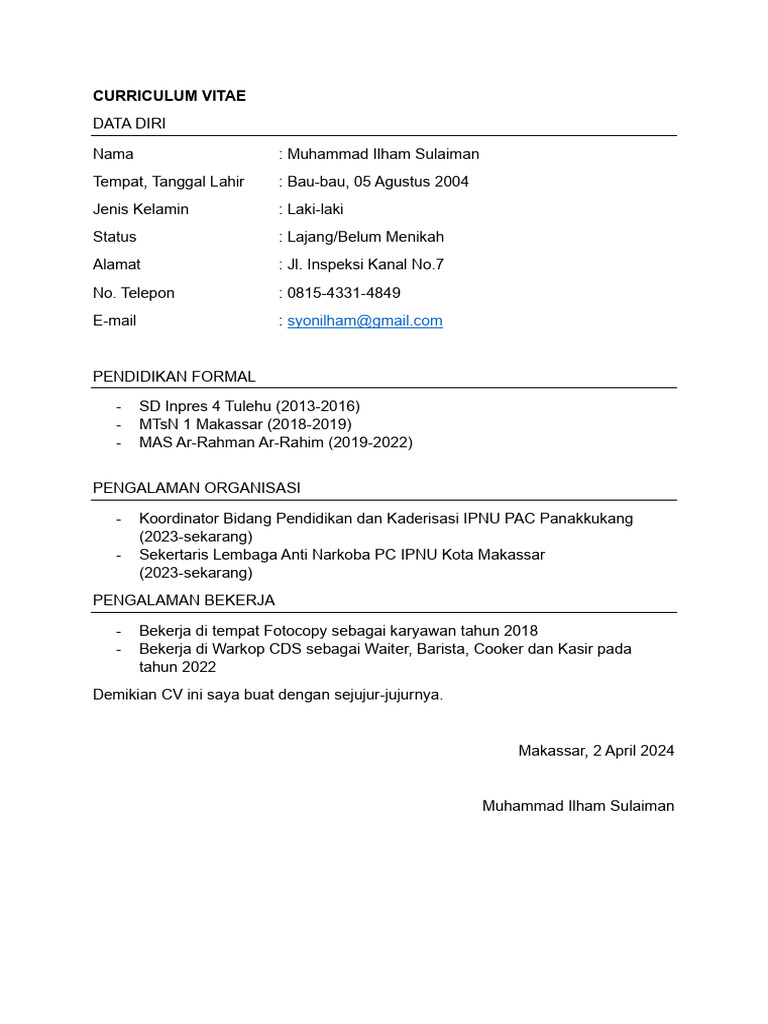 CV Muhammad Ilham Sulaiman | PDF