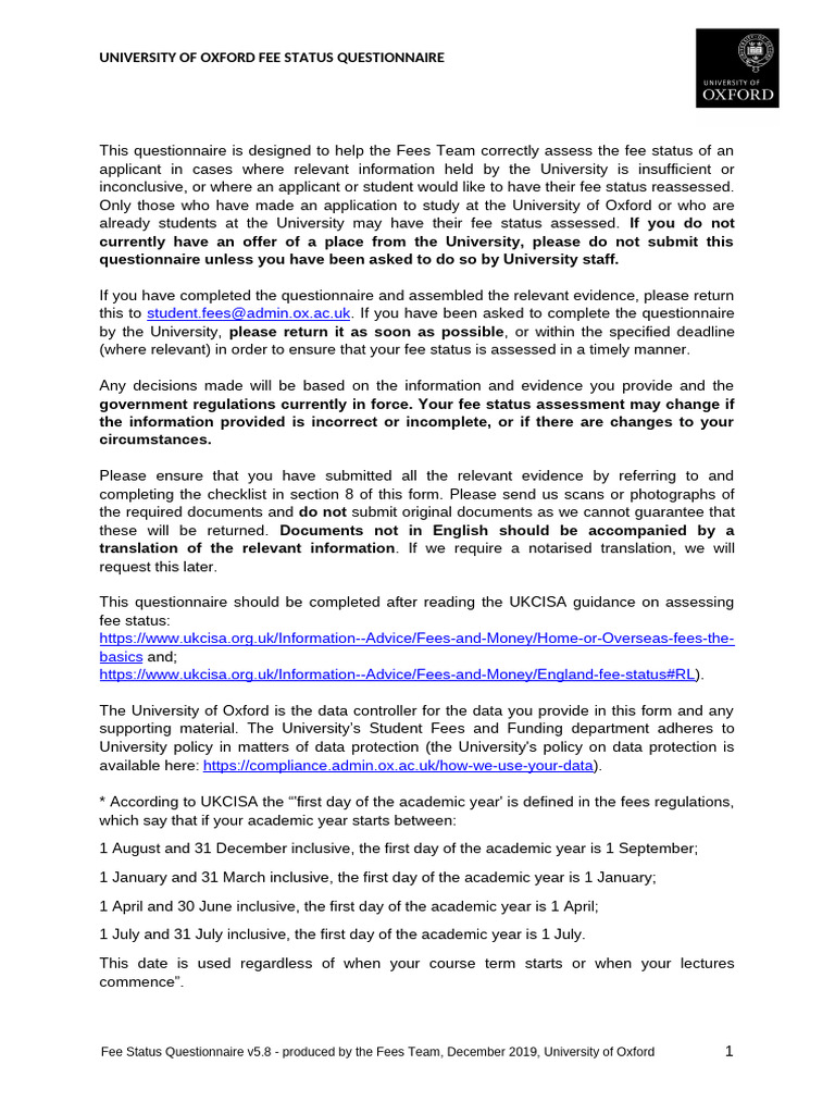 Fee Status Questionnaire (v5.1) | PDF
