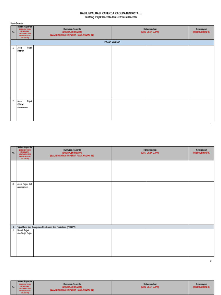 1 - Matriks Raperda PDRD Untuk Diisi Kabupaten Dan Kota | PDF