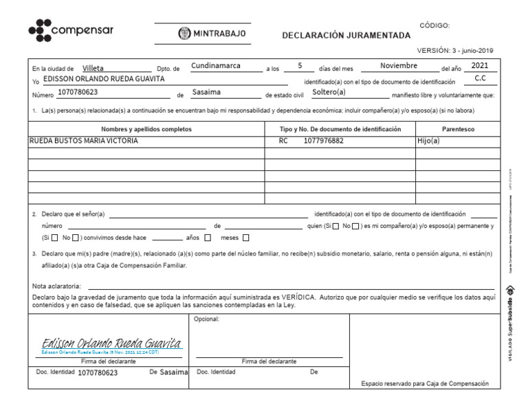 Declaración Juramentada Compensar Pdf