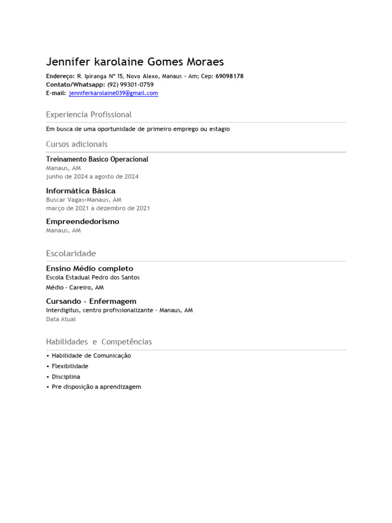 Jennifer Karolaine Gomes Moraes Curriculo | PDF