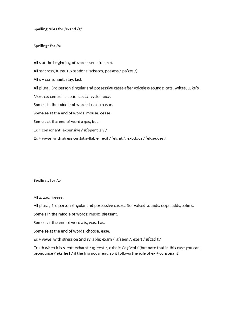 Spelling Rules For S-Z | PDF
