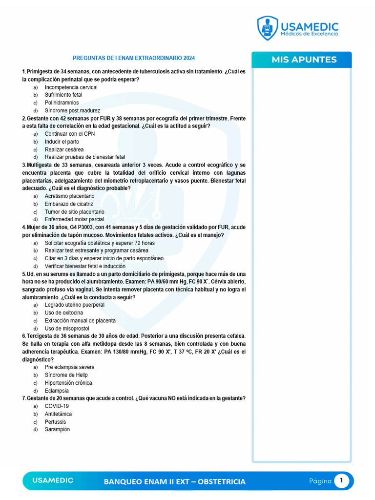 BANQUEO ENAM II EXT - OBSTETRICIA - USAMEDIC 2024 Alumno | PDF