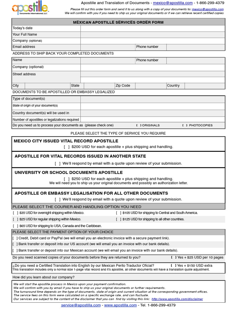 Order Form Mexico Apostille | PDF | Banks | Payments